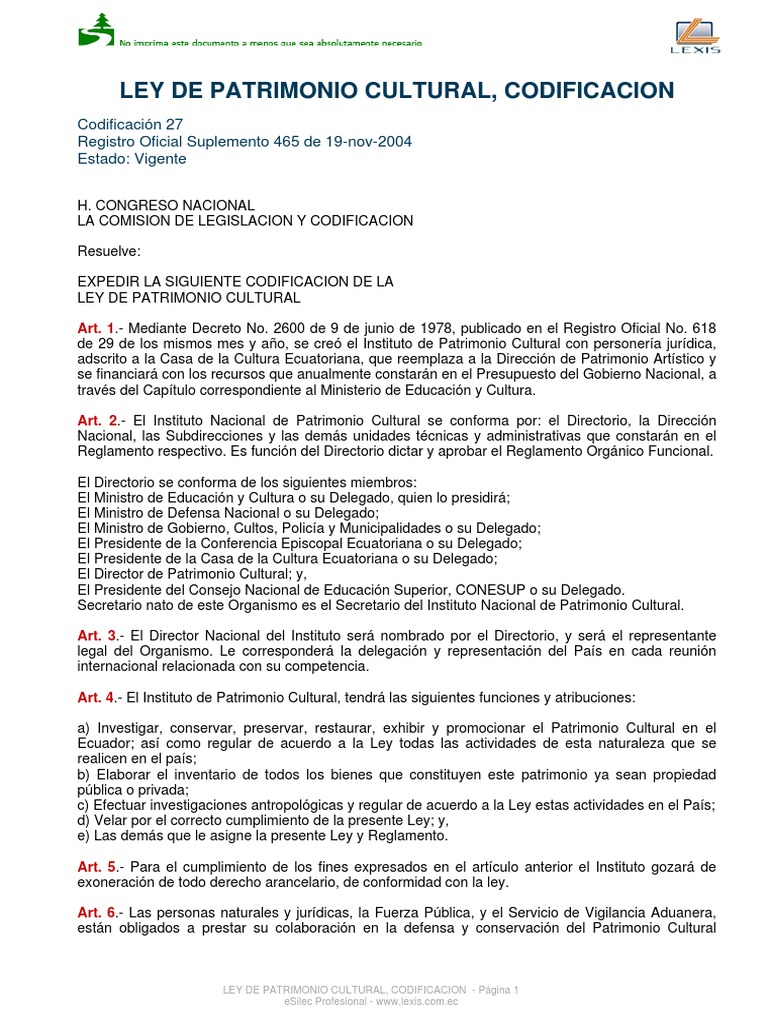 Ley de Patrimonio Cultural, Codificacion | PDF | Bienes (Ley) | Propiedad