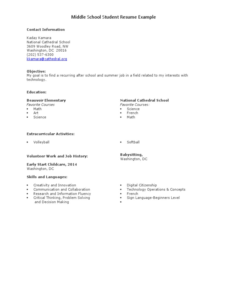 Middle School Student Resume Example | PDF | Career & Growth | Social ...