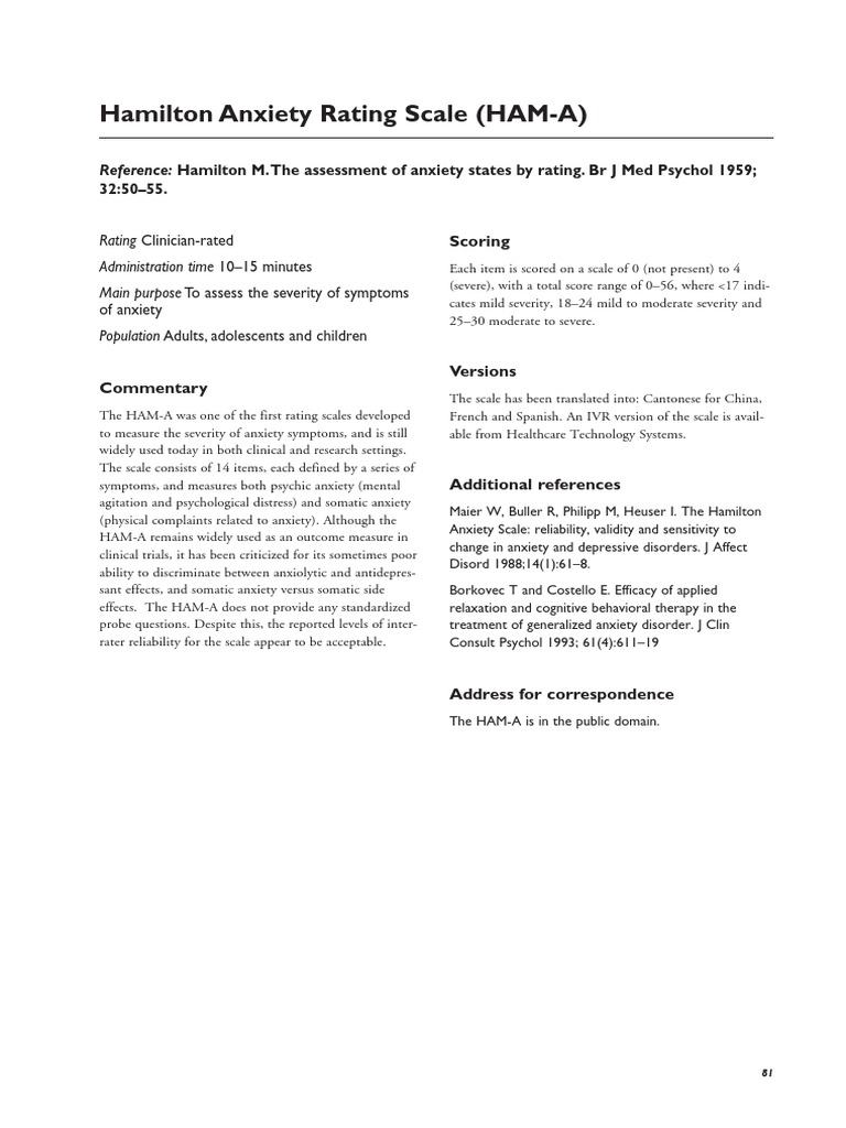 Hamilton Anxiety Rating Scale Overview | PDF
