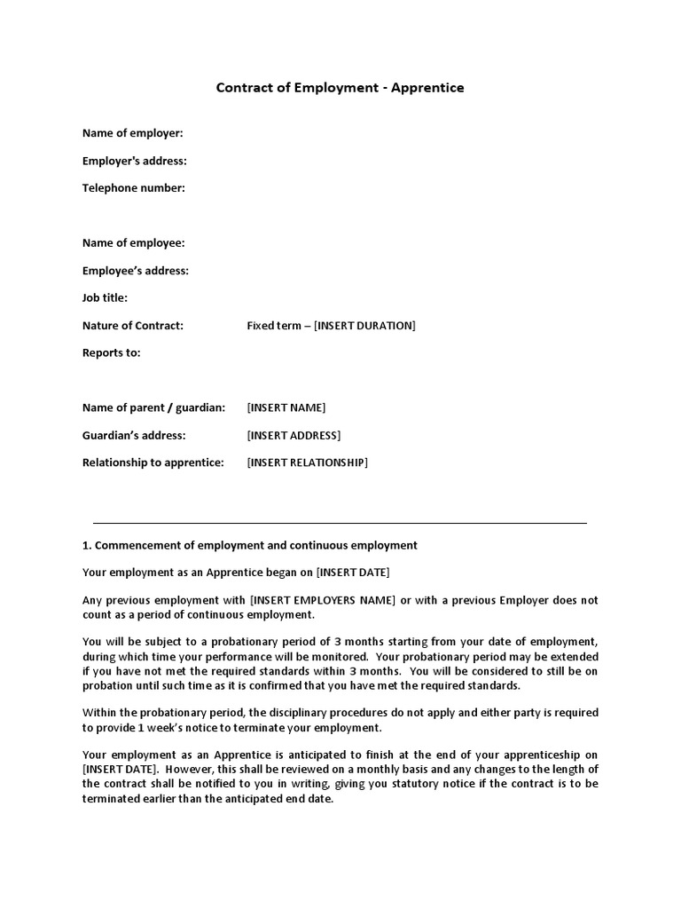 Apprentice Contract of Employment Template Generic | PDF ...