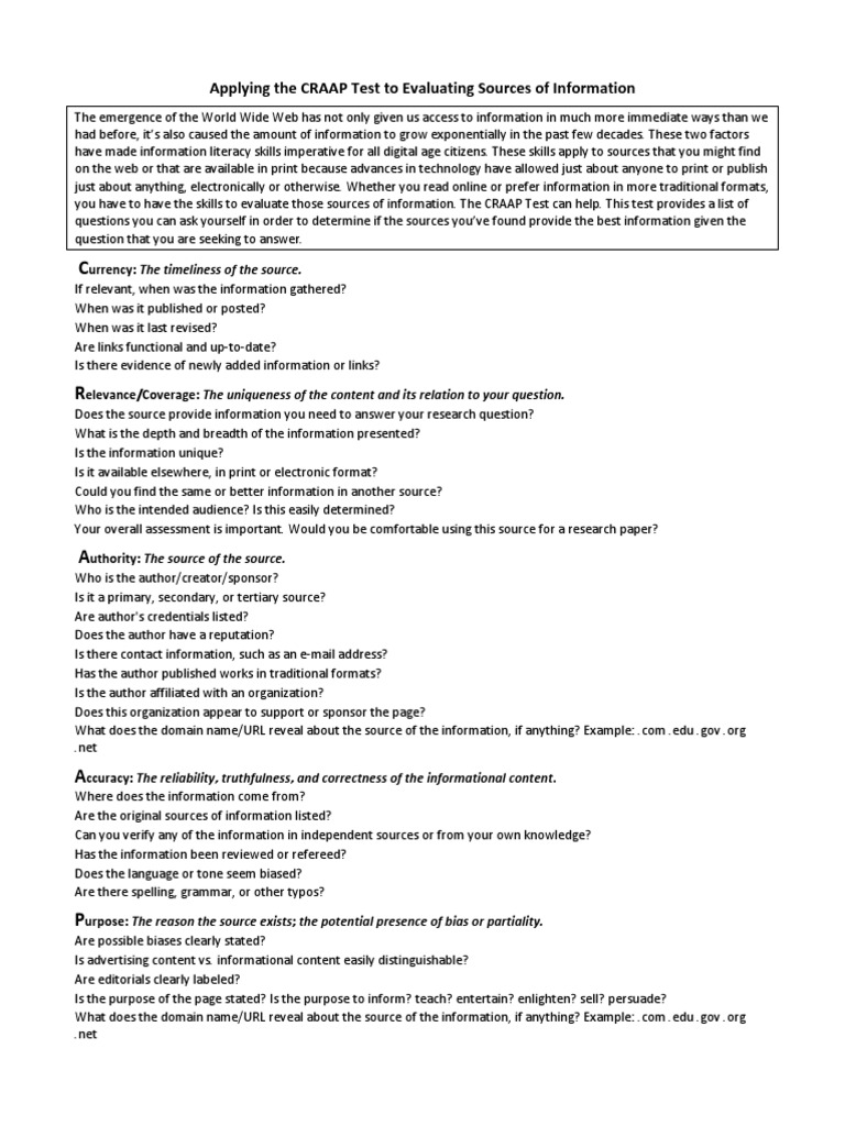 Applying The CRAAP Test To Evaluating Sources of Information | Download ...