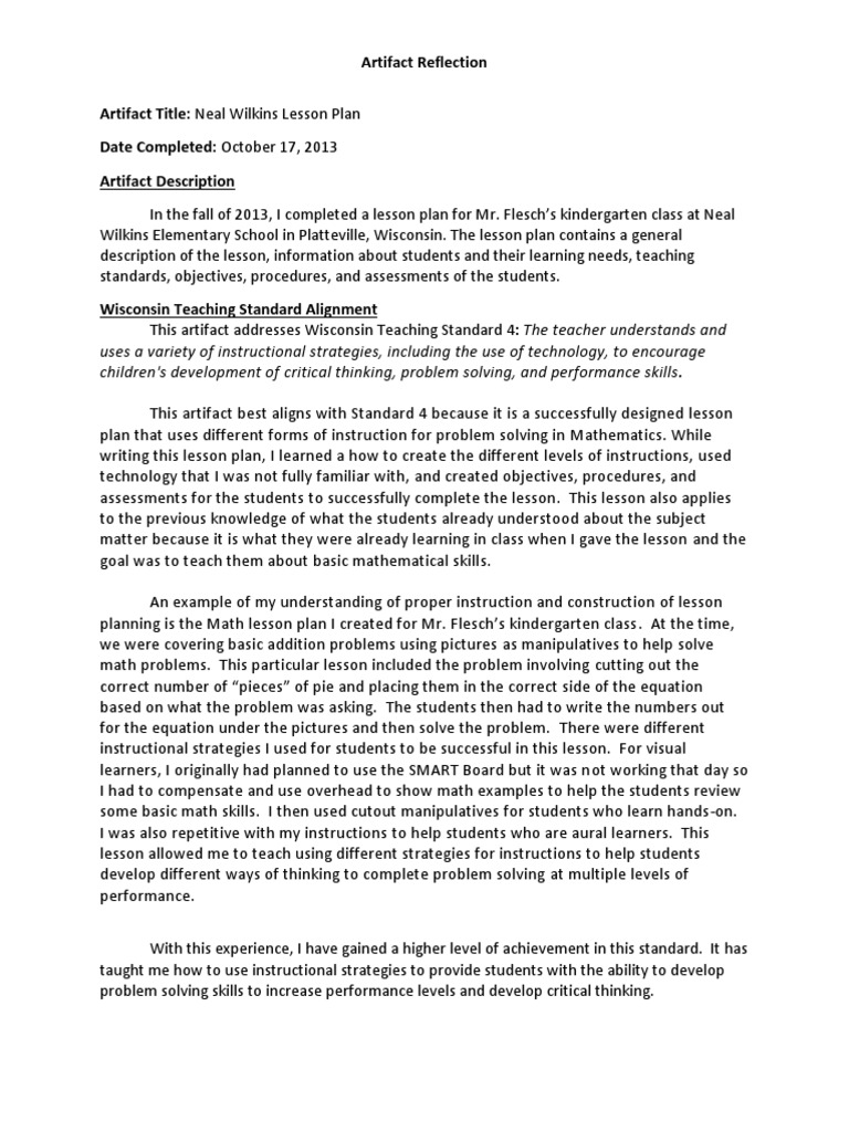 Standard 4 Artifact Reflection | PDF | Lesson Plan | Teachers