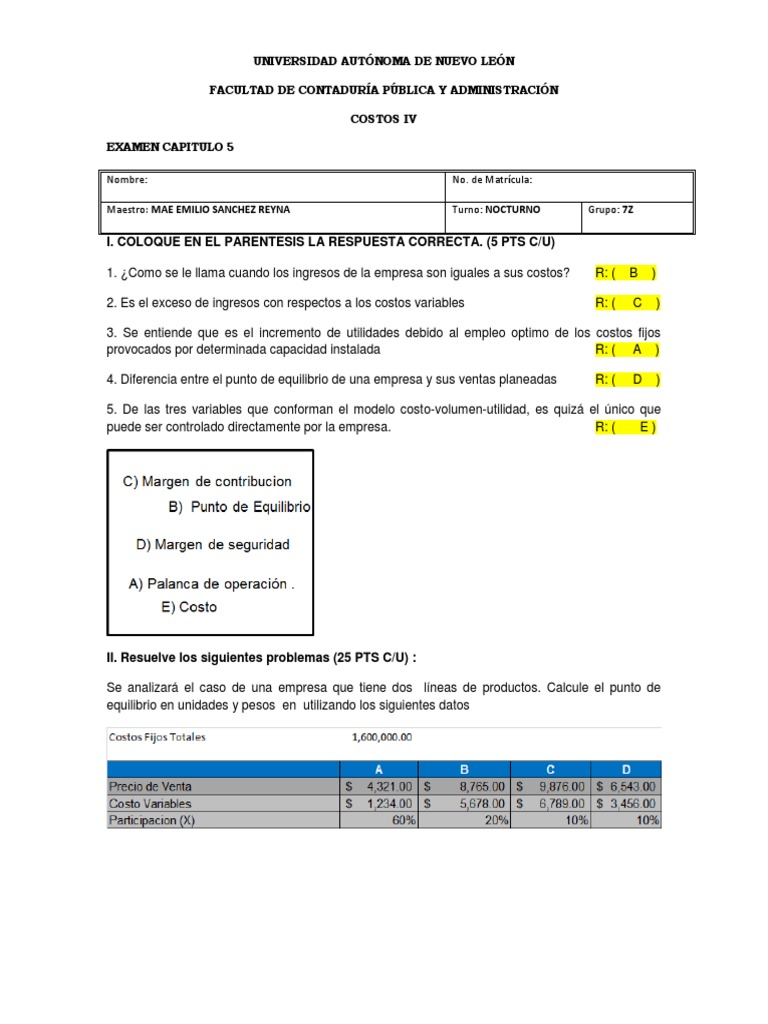 EXAMEN Capitulo 5 Grupo 7Z Costos IV | PDF | Finanzas y administración del dinero