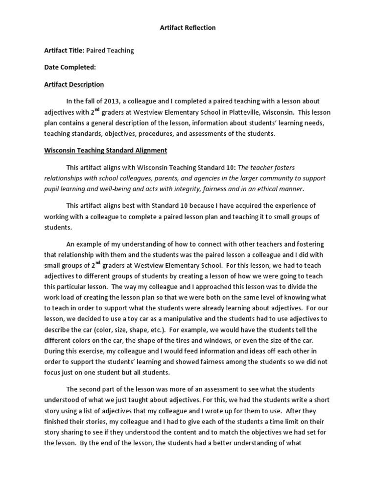 Standard 10 Artifact Reflection | PDF | Lesson Plan | Teachers
