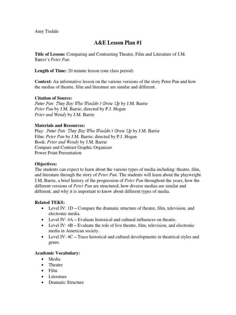 Peter Pan Lesson Plan | PDF | Peter Pan | Peter And Wendy