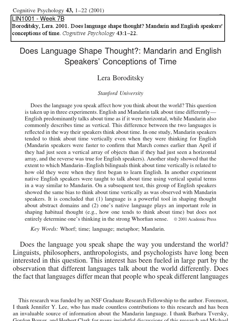 Boroditsky Lera. (2001) Does Language Shape Thought | Time | Thought