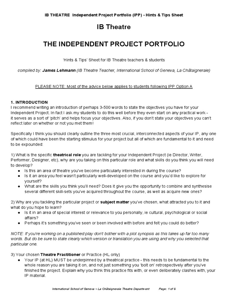 IB THEATRE Independent Project Portfolio (IPP) - Hints & Tips Sheet ...