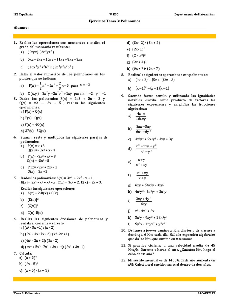 3ESO Ejercicios Tema 03 Polinomios | PDF
