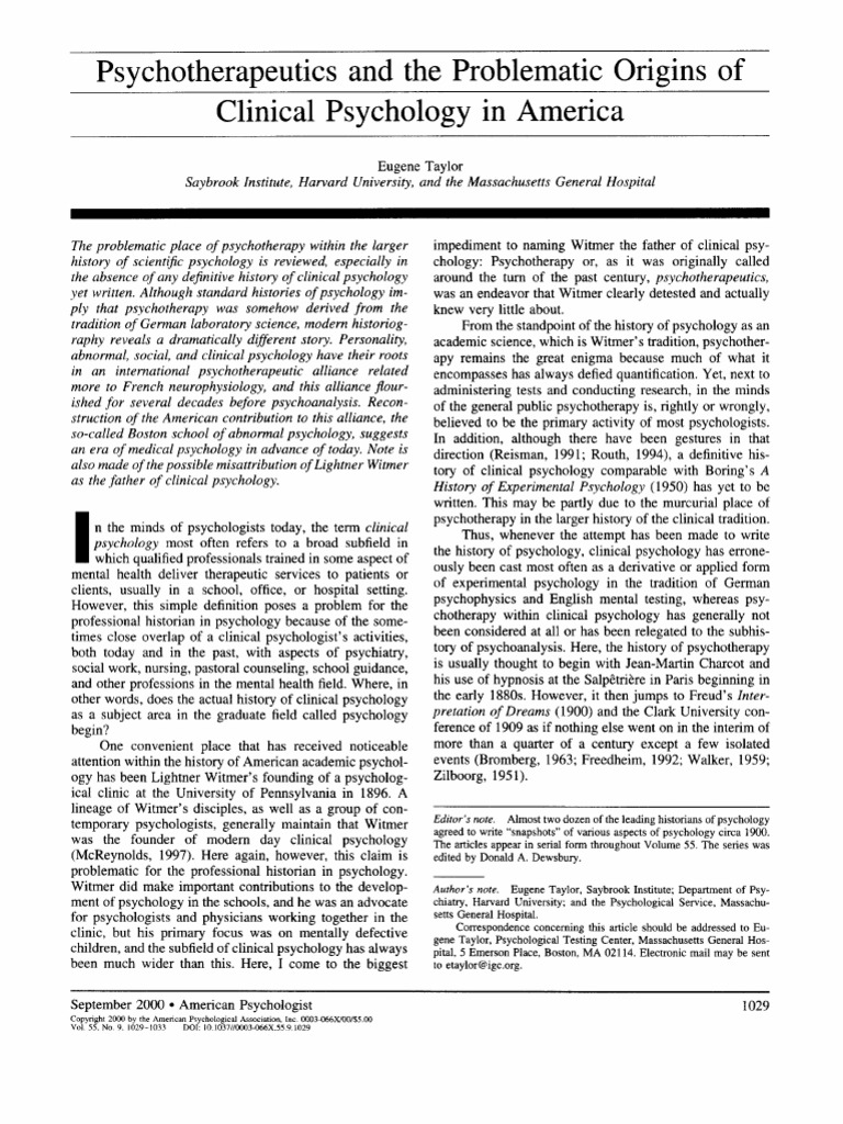Psychotherapeutics and The Problematic Origins of Clinical Psychology ...