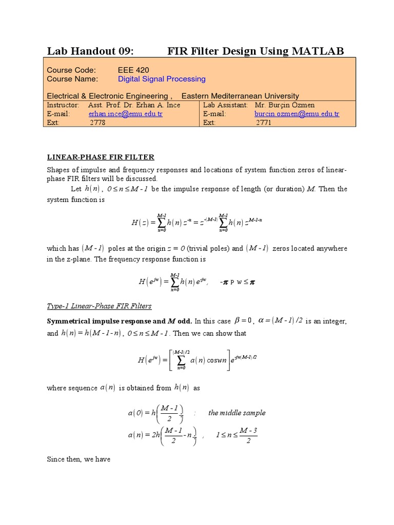 Lab Handout 09: FIR Filter Design Using MATLAB | PDF | Systems Theory | Engineering