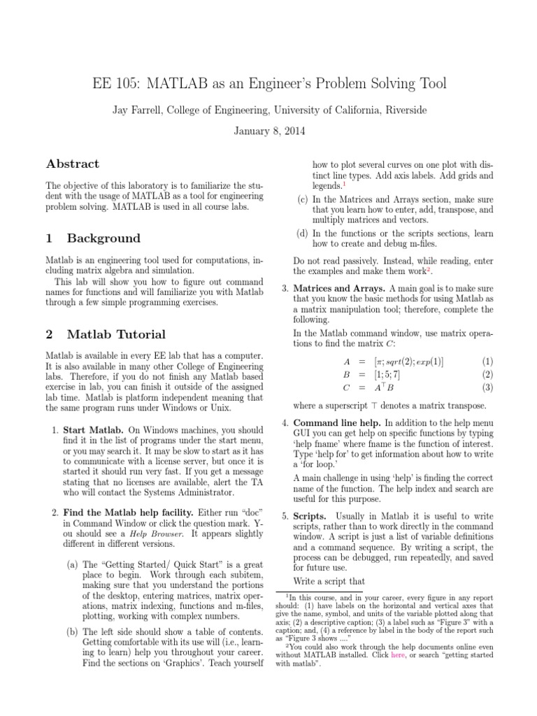 EE 105: MATLAB As An Engineer's Problem Solving Tool | PDF | Matlab | Matrix (Mathematics)