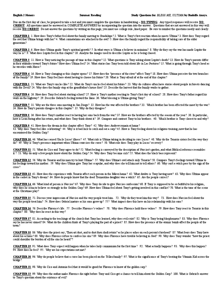 Eng 2 Honors Bless Me Ultima Study Questions | PDF | Religion And Belief
