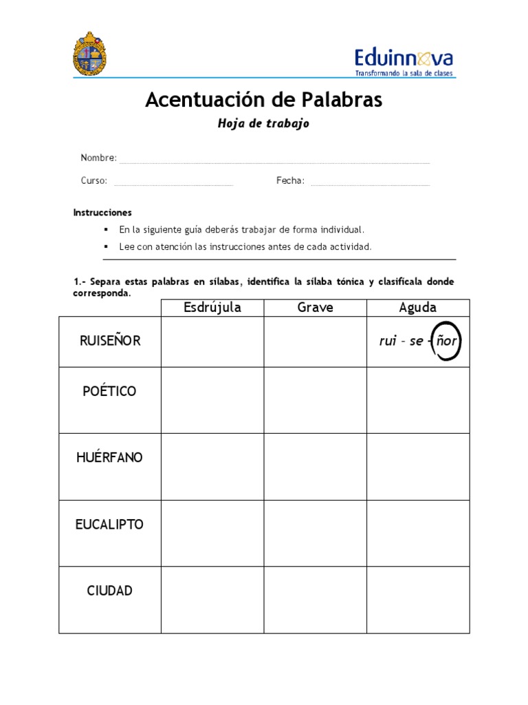 Hojas De Trabajo Para Dividir Palabras En Sílabas Pa, Pe, Pi, Po, Pu