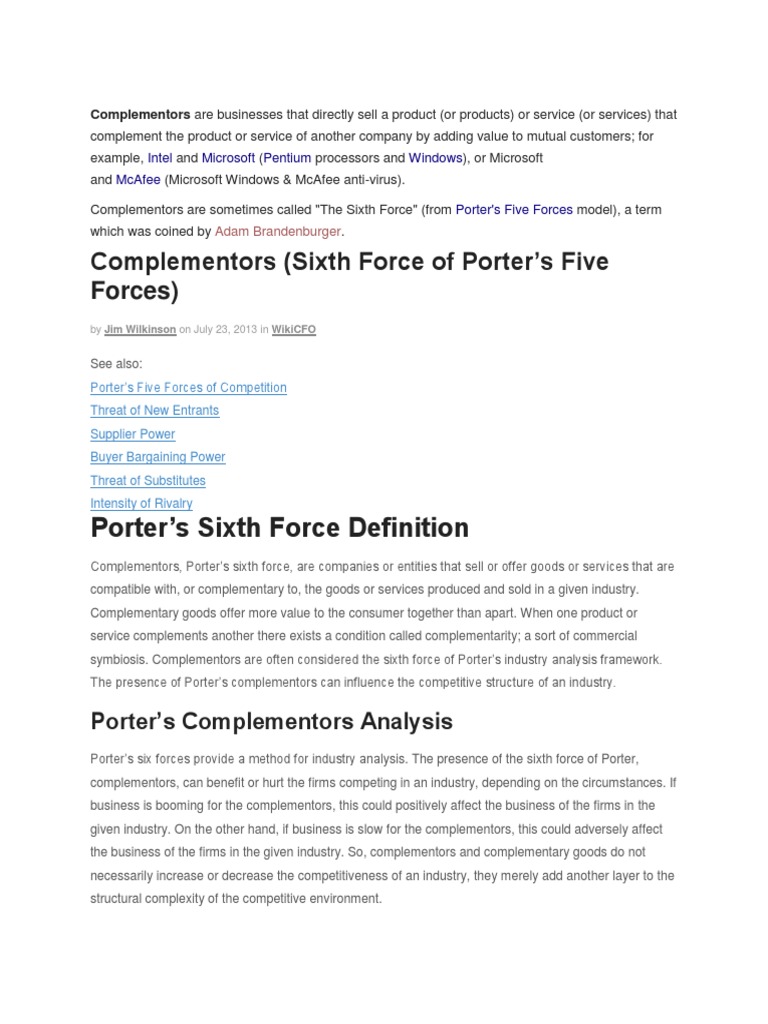 Complementors (Sixth Force of Porter's Five Forces) | PDF | Business ...