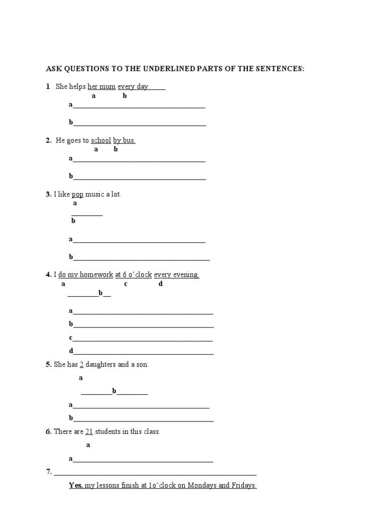Ask Questions To The Underlined Parts of The Sentences | PDF