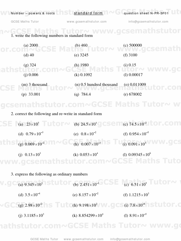 Standard Form Worksheet #01, Powers & Roots, Number From GCSE Maths ...