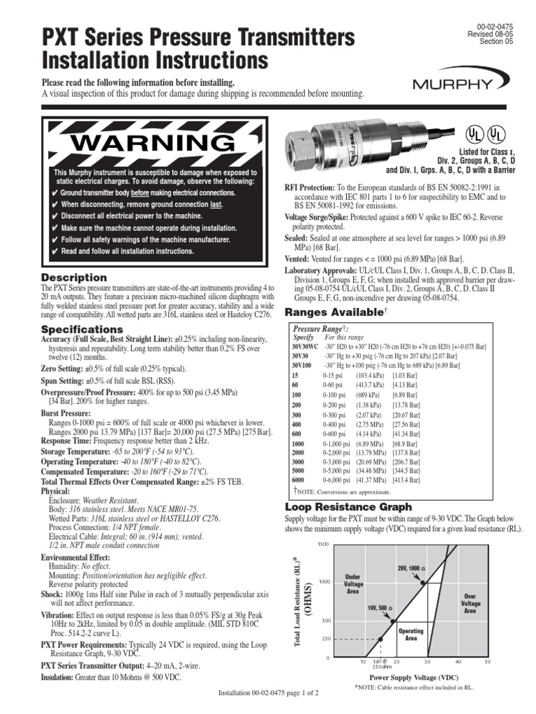 PXT Series Pressure Transmitters Installation Instructions: Warning ...