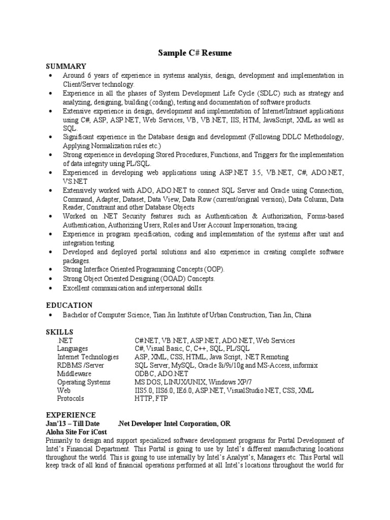 C# Resume Summary for Software Developer | PDF | Information Technology ...