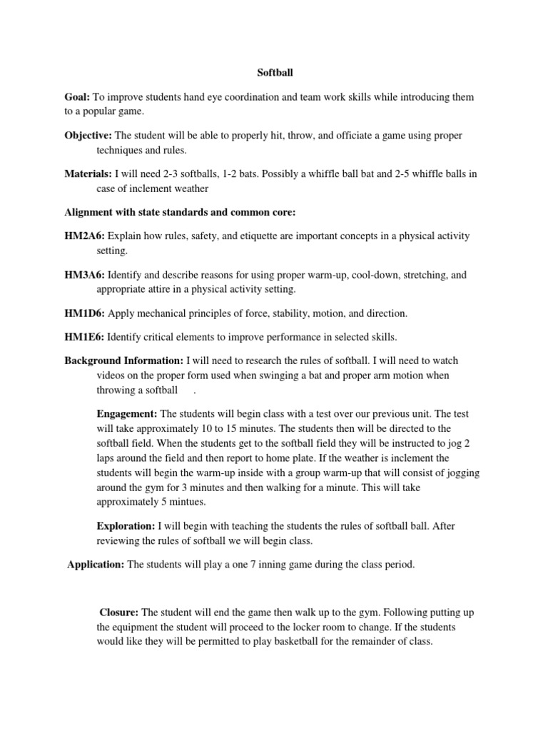 Softball Lesson Plan | PDF | Softball | Lesson Plan