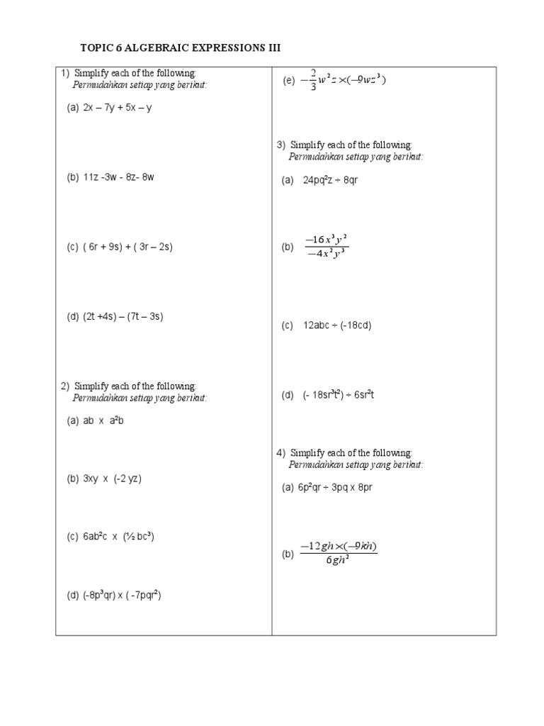 Algebraic Expressions Simplification Guide | PDF | Teaching Methods ...