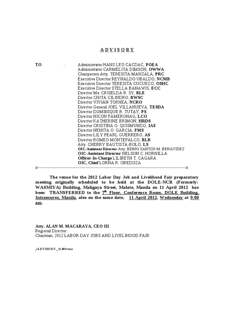OIC-Assistant Director Atty. BENJO SANTOS M. BENAVIDEZ: /ADVISORY - 01 ...