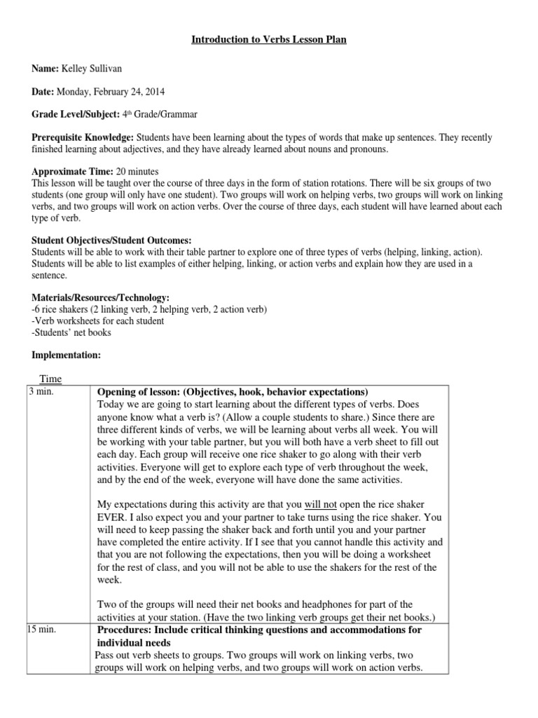 Helping Linking and Action Verbs Lesson Plan | PDF | Verb | Linguistics