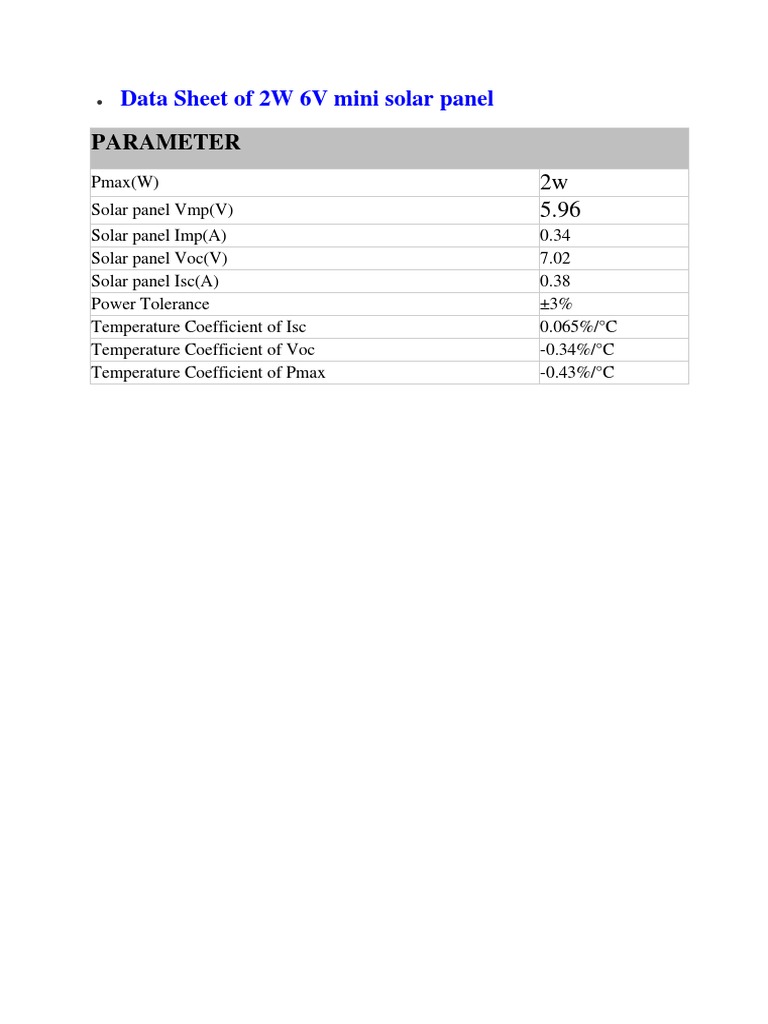 2W 6V Mini Solar Panel Data Sheet | PDF