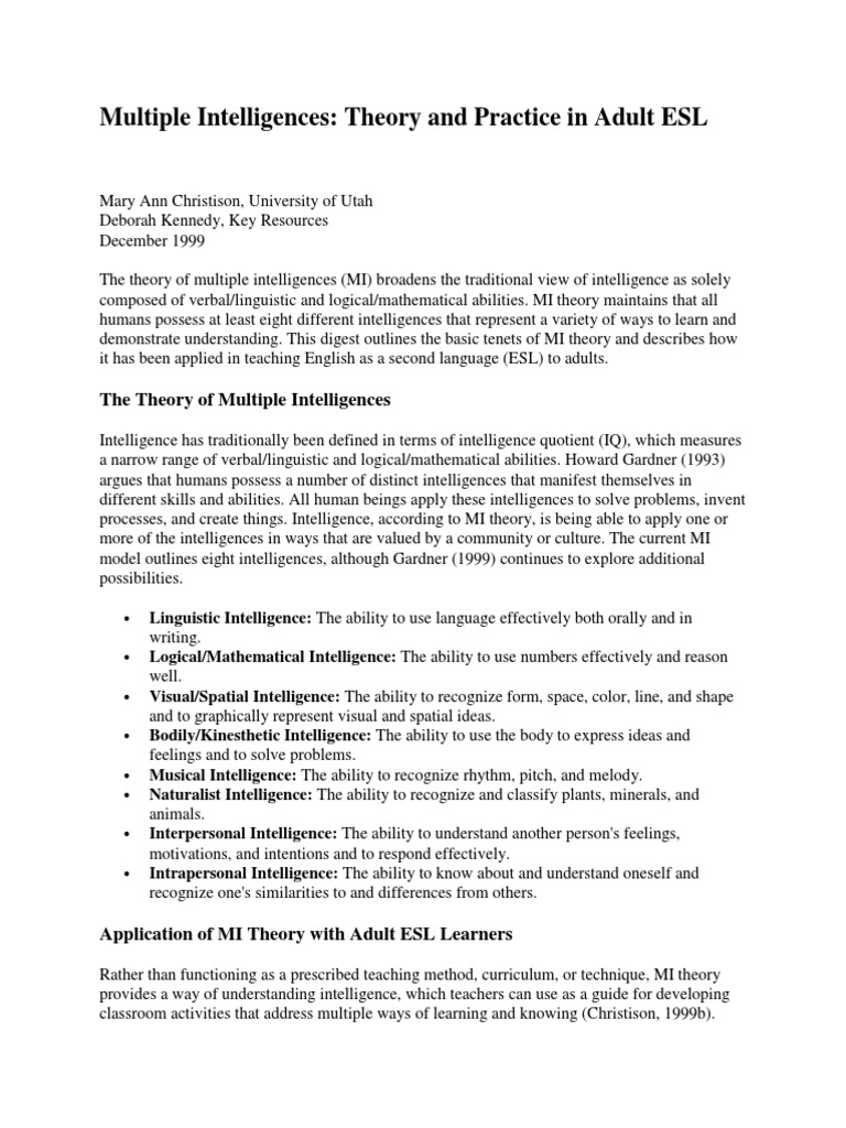 Multiple Intelligences | PDF | Intelligence | English As A Second Or Foreign Language