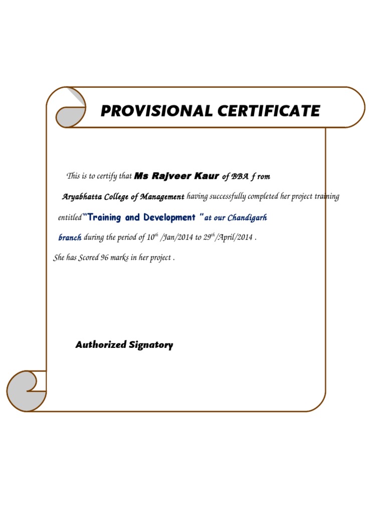 Provisional Certificate for Project Training | PDF