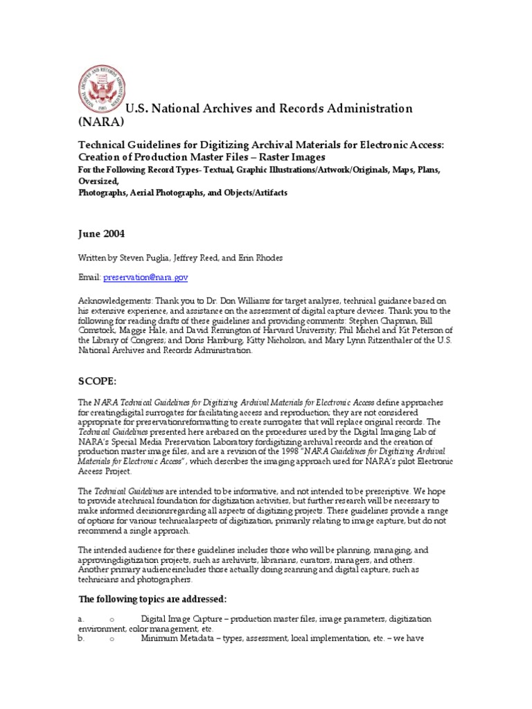 Technical Guidelines For Digitizing Archival Materials For Electronic Access: Creation of ...