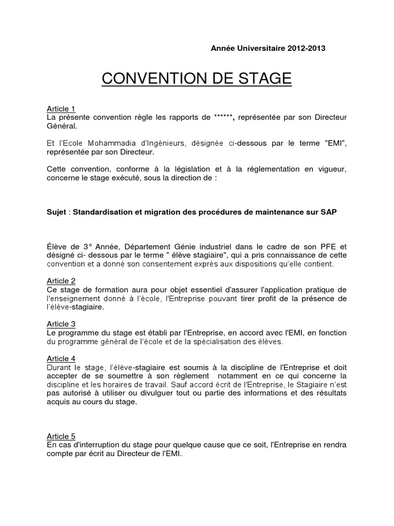 Convention de Stage - EMI 2012-2013 | PDF