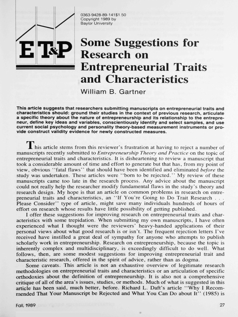1989 - Gartner - Some Suggestions For Research On Entrepreneurial ...