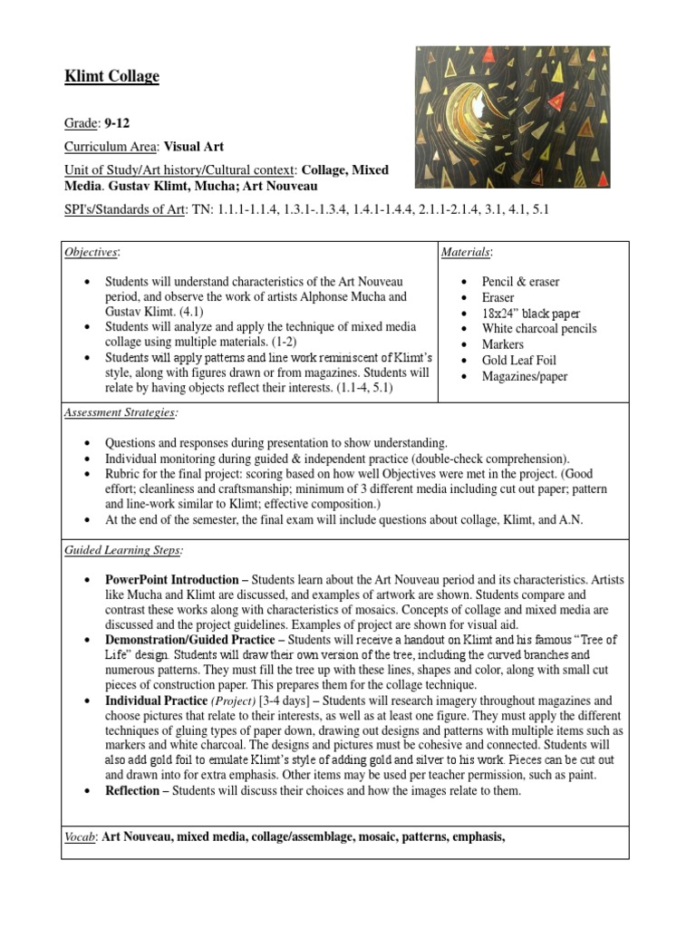 Klimt Collage Lesson Plan | PDF | Collage | Art Nouveau