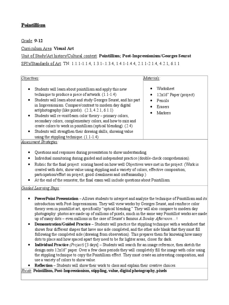 Pointillism Lesson Plan | PDF | Plastic Arts | Style