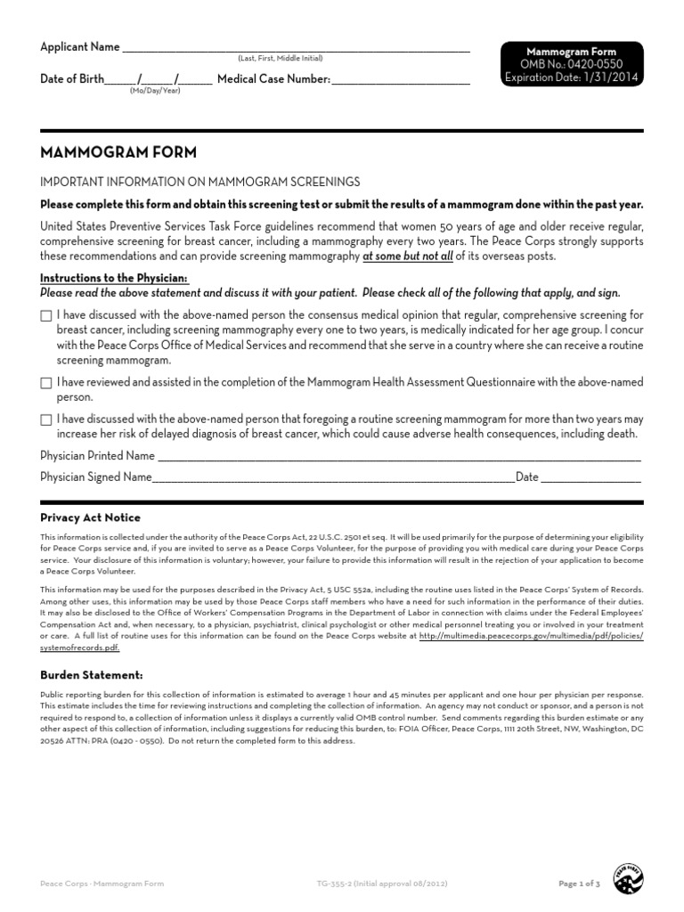 Mammogram Waiver - Peace Corps Mammogram Form TG-355-2 (Initial ...