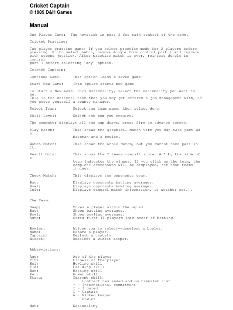AMIGA - Cricket Captain Manual | PDF | Bowling (Cricket) | Cricket