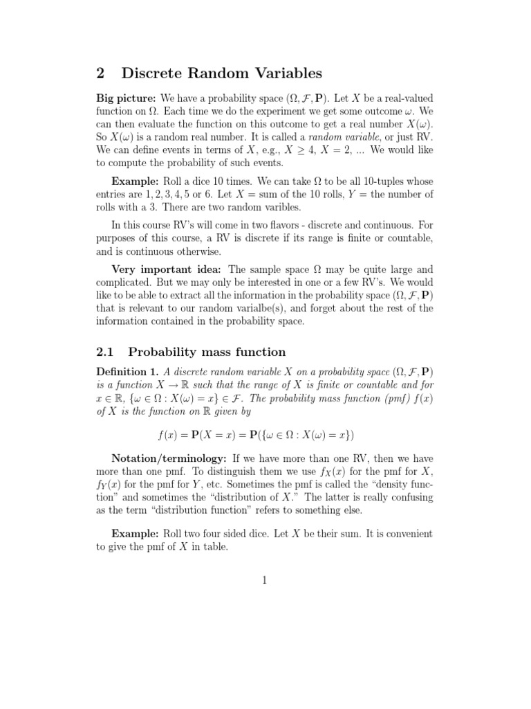 2 Discrete Random Variables: 2.1 Probability Mass Function | PDF | Probability Distribution ...