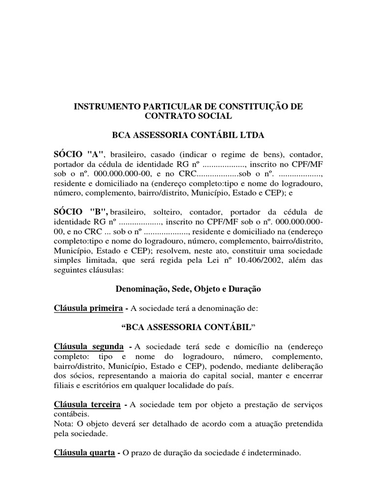 Modelo de Contrato Social | PDF | Lei das Obrigações | Contabilidade