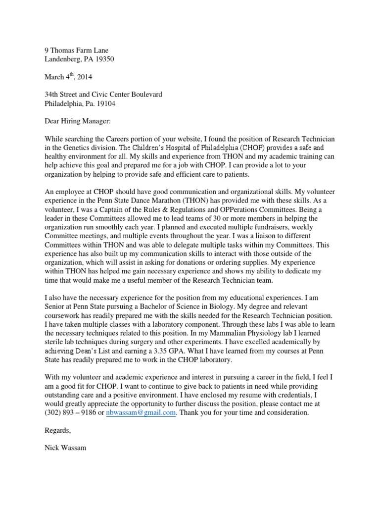 CHOP Cover Letter | PDF | Laboratories | Volunteering