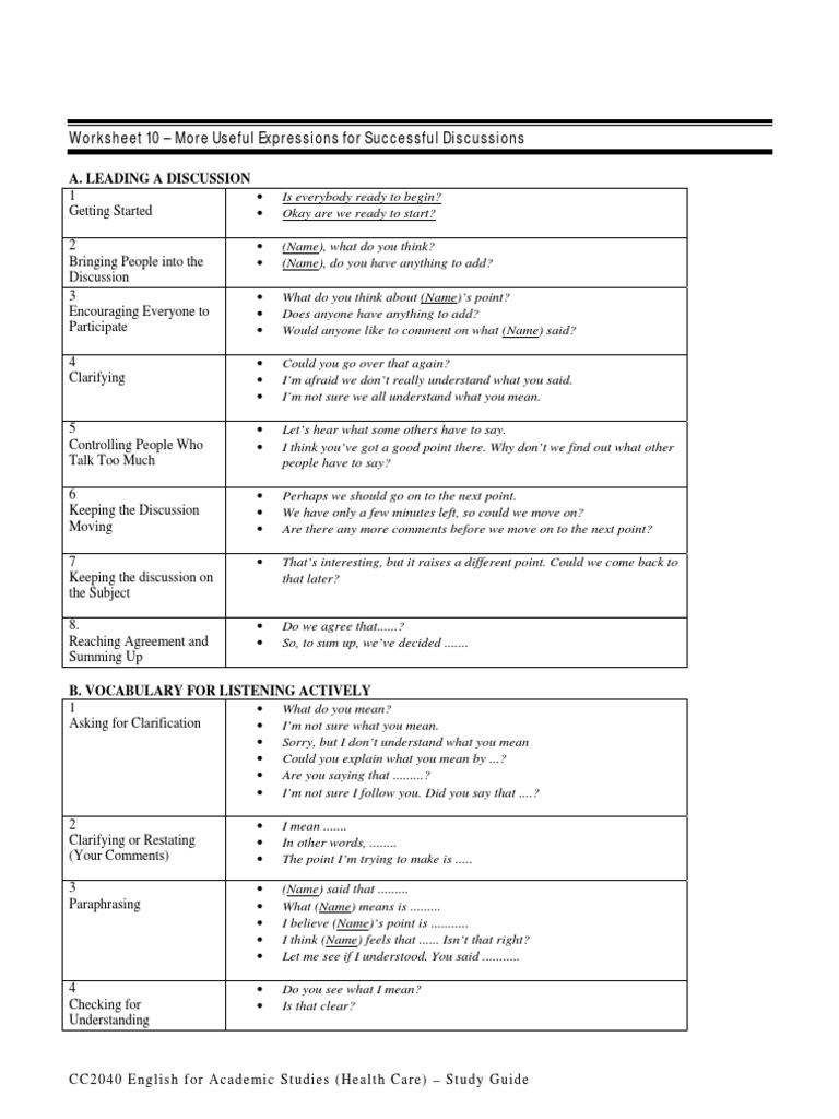 Study Guide Worksheet 10 More Useful Expressions For Group Discussions ...