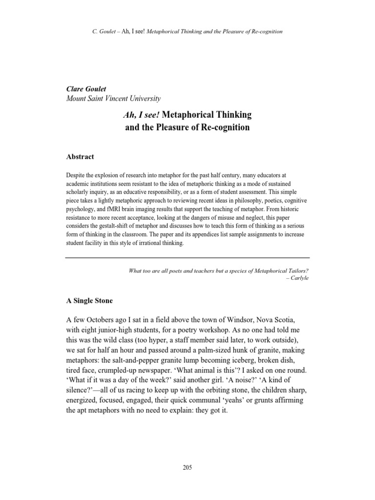 Ah, I See! Metaphorical Thinking and The Pleasure of Re-Cognition | PDF ...