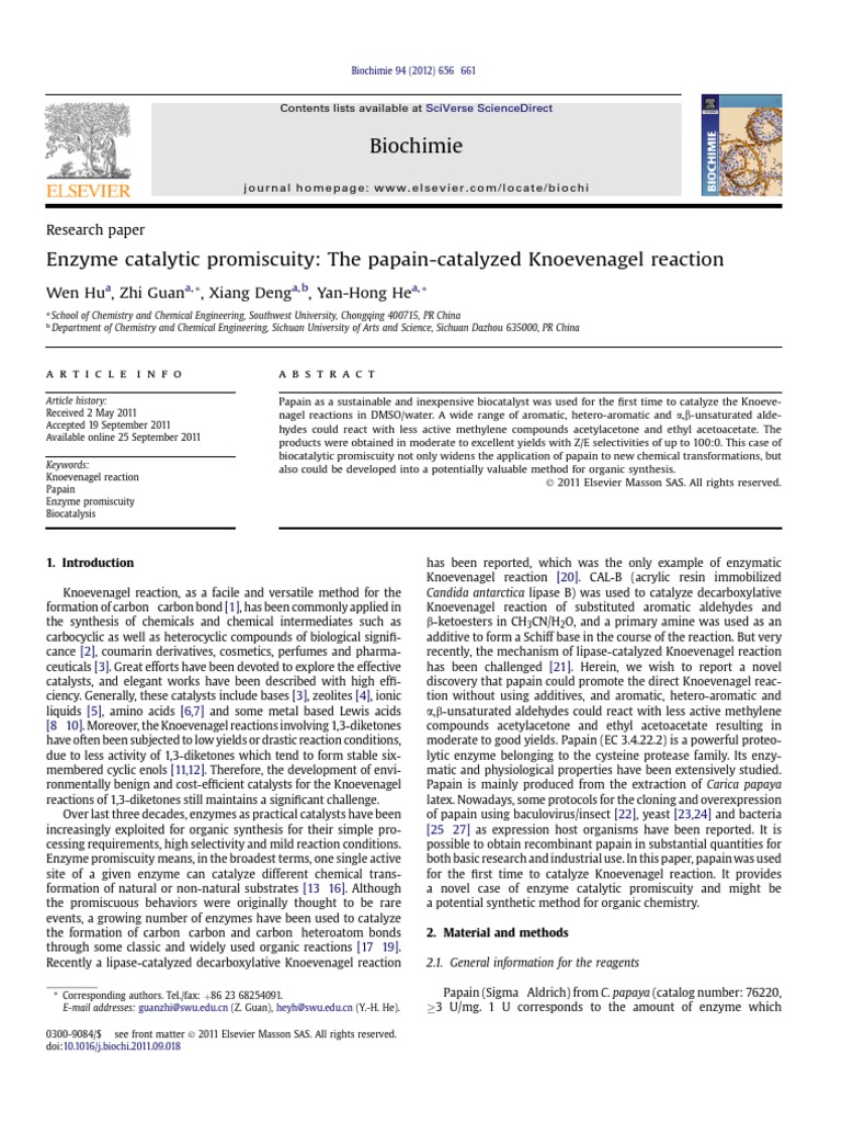 Papain-catalyzed Knoevenagel Reaction | PDF | Thin Layer Chromatography ...