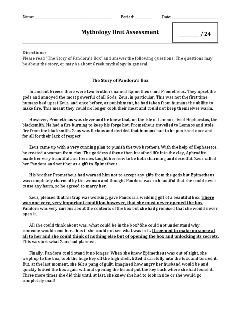 6th Grade Greek Mythology Unit Assessment | PDF | Prometheus | Greek ...