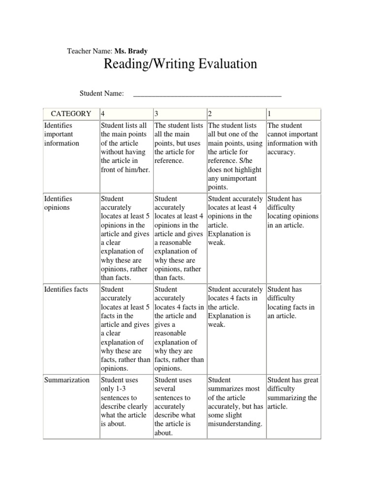 Reading/Writing Evaluation Rubric | PDF