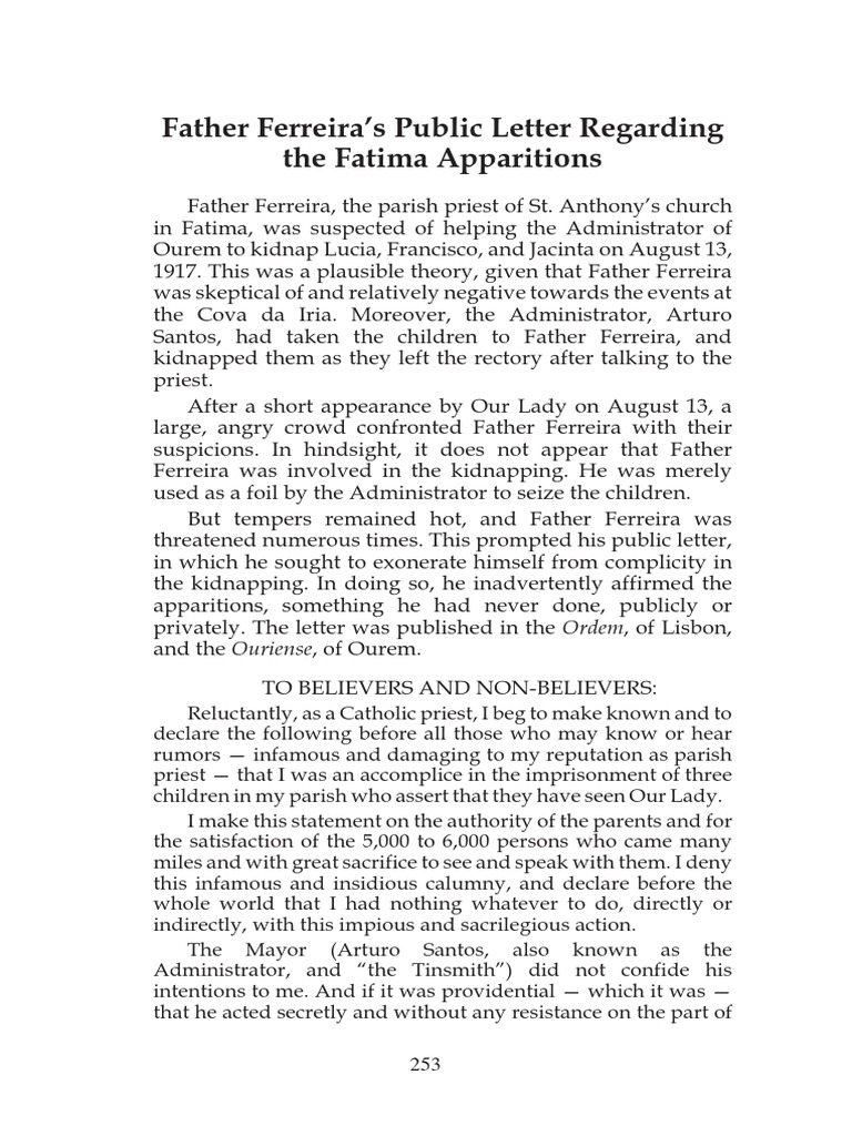 Father Ferreira's Public Letter Regarding the Apparitions of Fatima ...