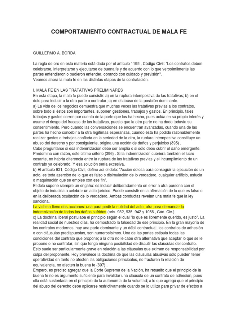 Comportamiento Contractual de Mala Fe | PDF | Intención (Derecho Penal ...
