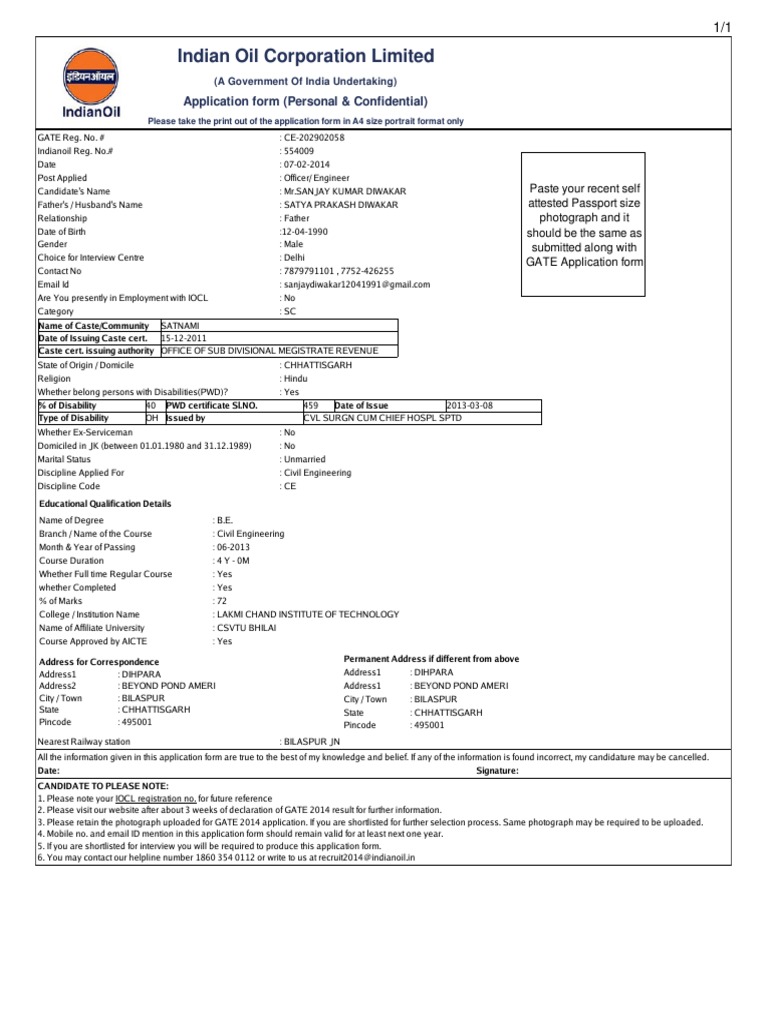 Indian Oil Corporation Limited: Application Form (Personal ...