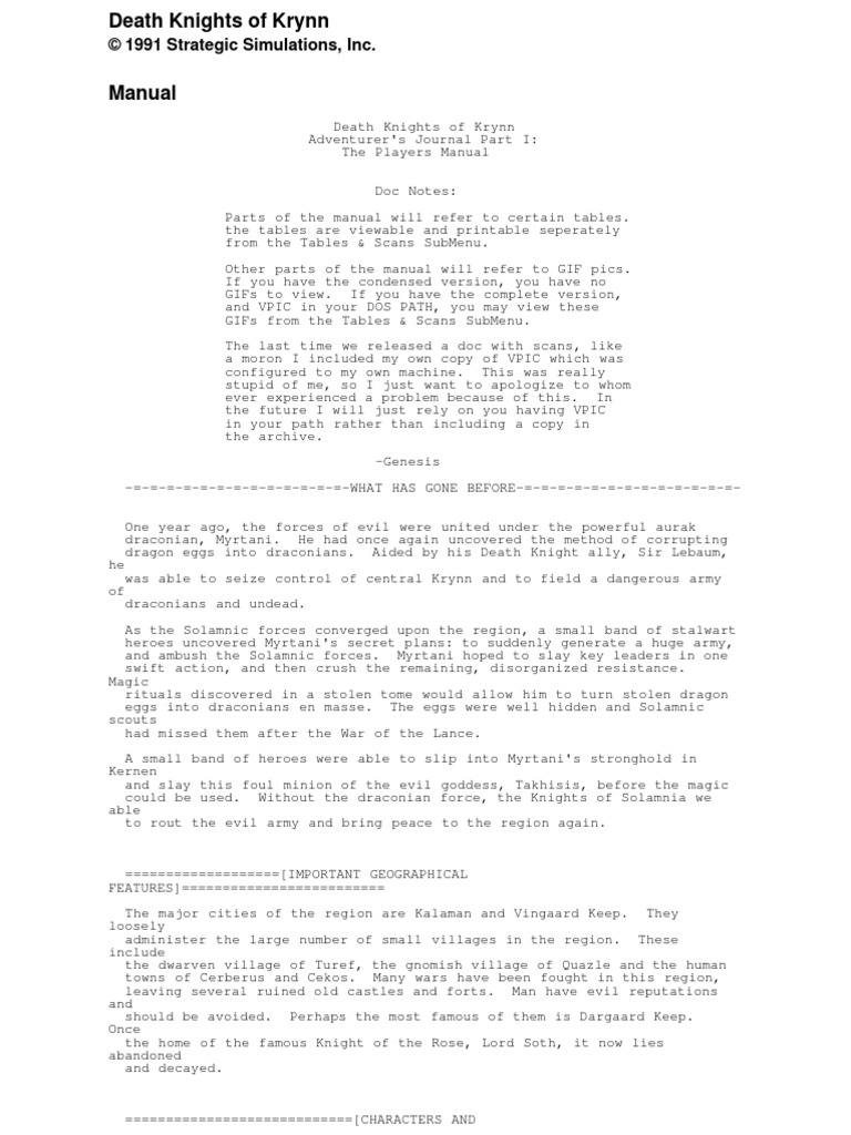 AMIGA - Death Knights of Krynn Manual | PDF | Magician (Fantasy) | Magic (Paranormal)