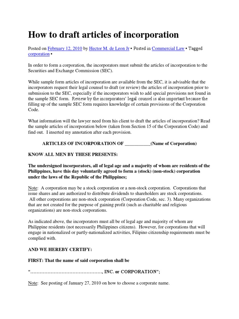 How To Draft Articles of Incorporation | PDF | Corporations | Stocks