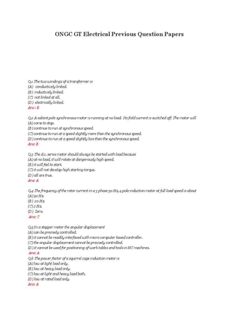 ONGC Electrical Engineering Past Papers | PDF | Power (Physics ...
